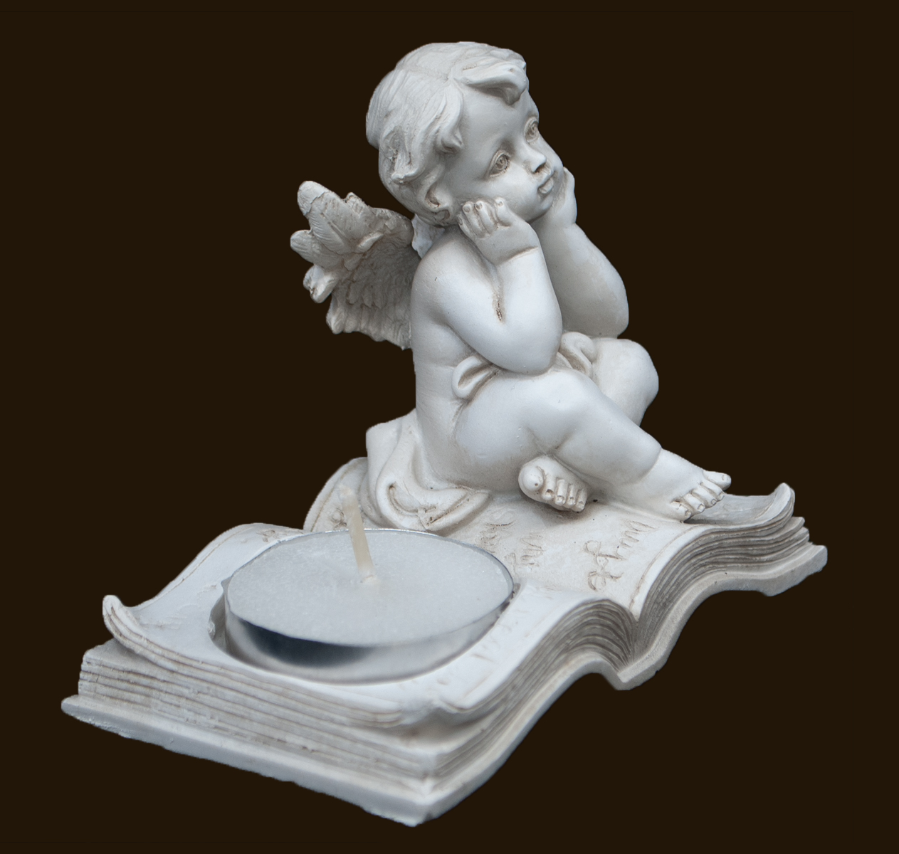 engeltraum.ch - Engel mit Teelicht auf Buch (Figur 2) Höhe: 7 cm